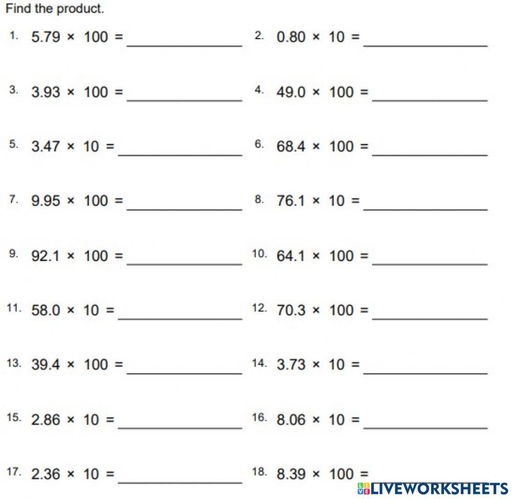 Multiplication by 10 and 100 worksheet | Live Worksheets