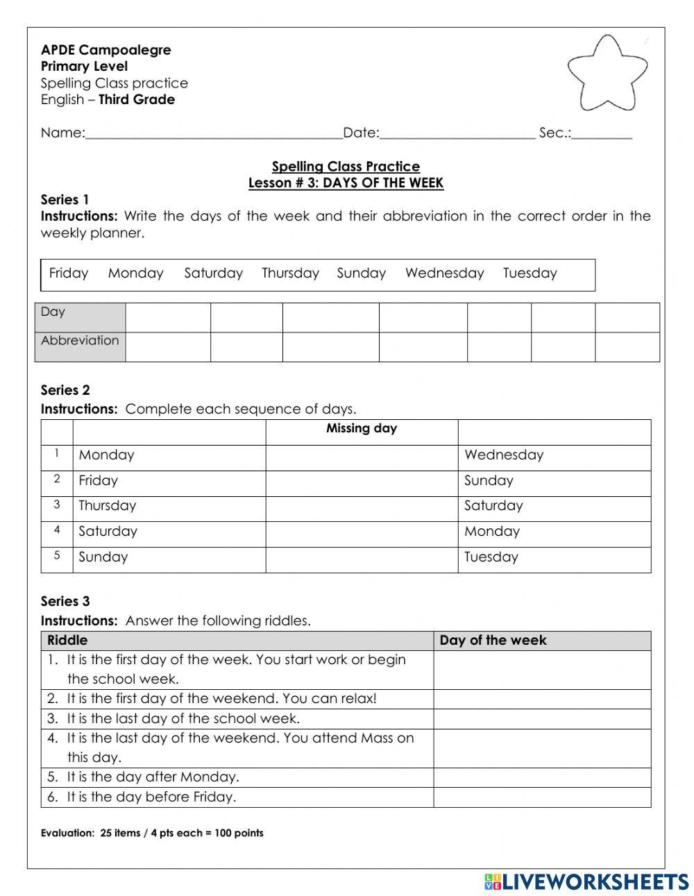 Class Practice - Days of the Week worksheet | Live Worksheets
