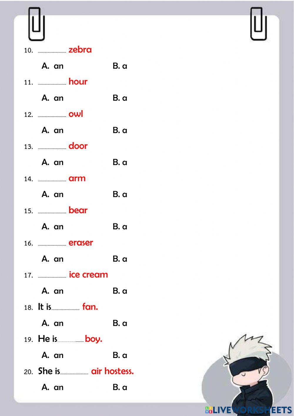 A,an test worksheet | Live Worksheets