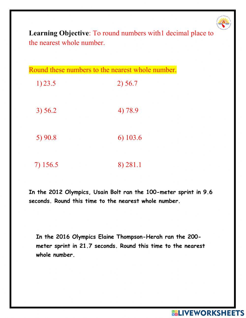 Rounding decimals 6834297 | Deepas | Live Worksheets