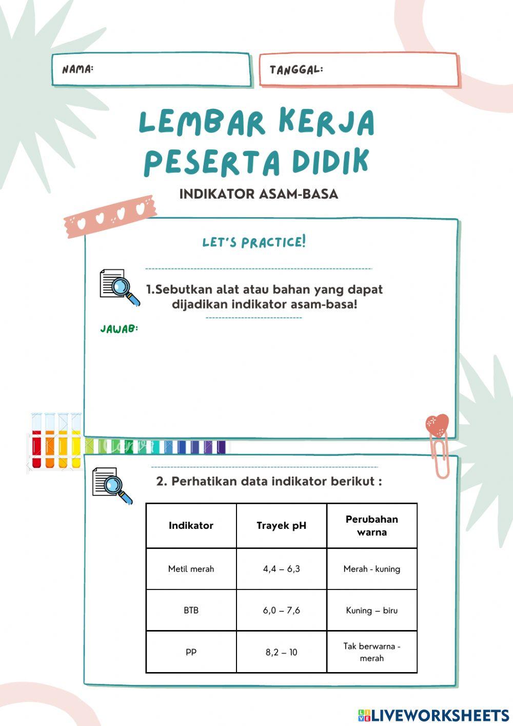 Lembar kerja peserta didik indikator asam basa worksheet | Live Worksheets
