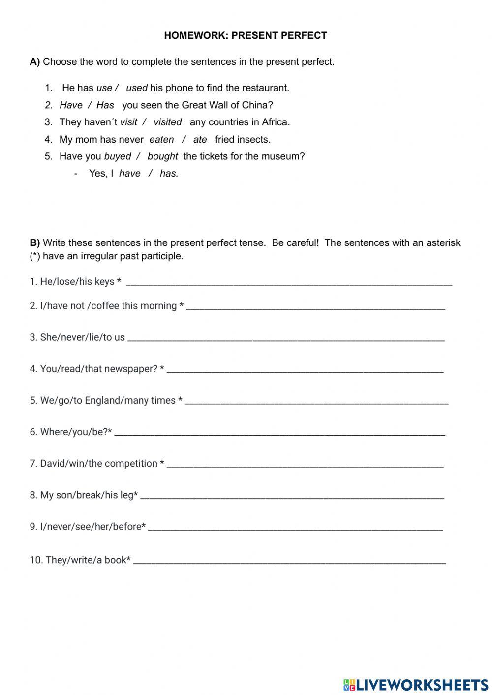 Present Perfect | Free Interactive Worksheets | 1875140