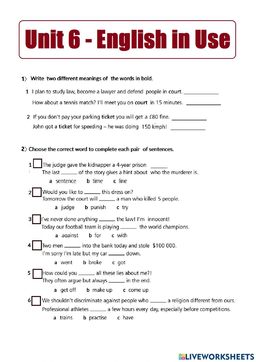 Unit 6 English in Use worksheet | Live Worksheets
