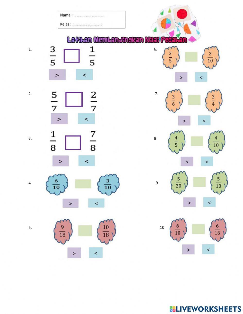 Membandingkan pecahan online exercise for kelas 3 | Live Worksheets