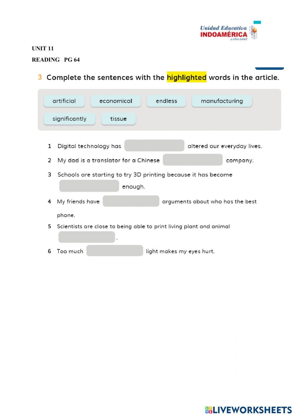 2do -unit 11 pg 64 worksheet | Live Worksheets