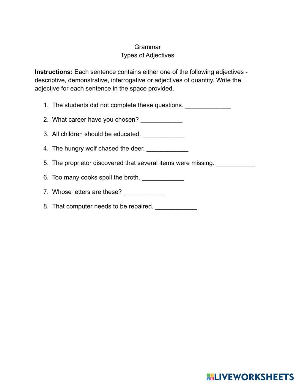 Types of Adject… | Free Interactive Worksheets | 5300633