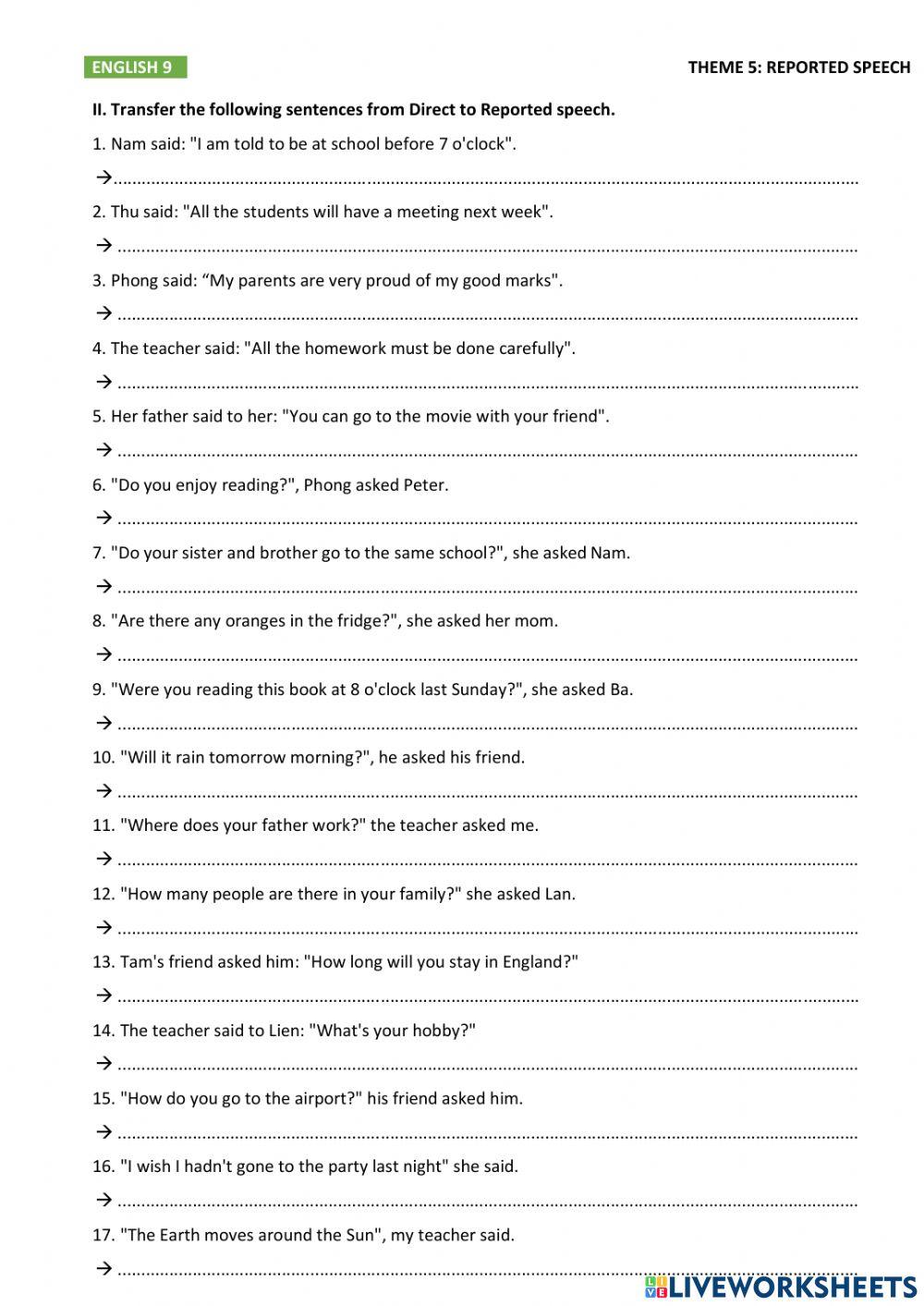 G9 - THEME 5: REPORTED SPEECH online exercise for | Live Worksheets