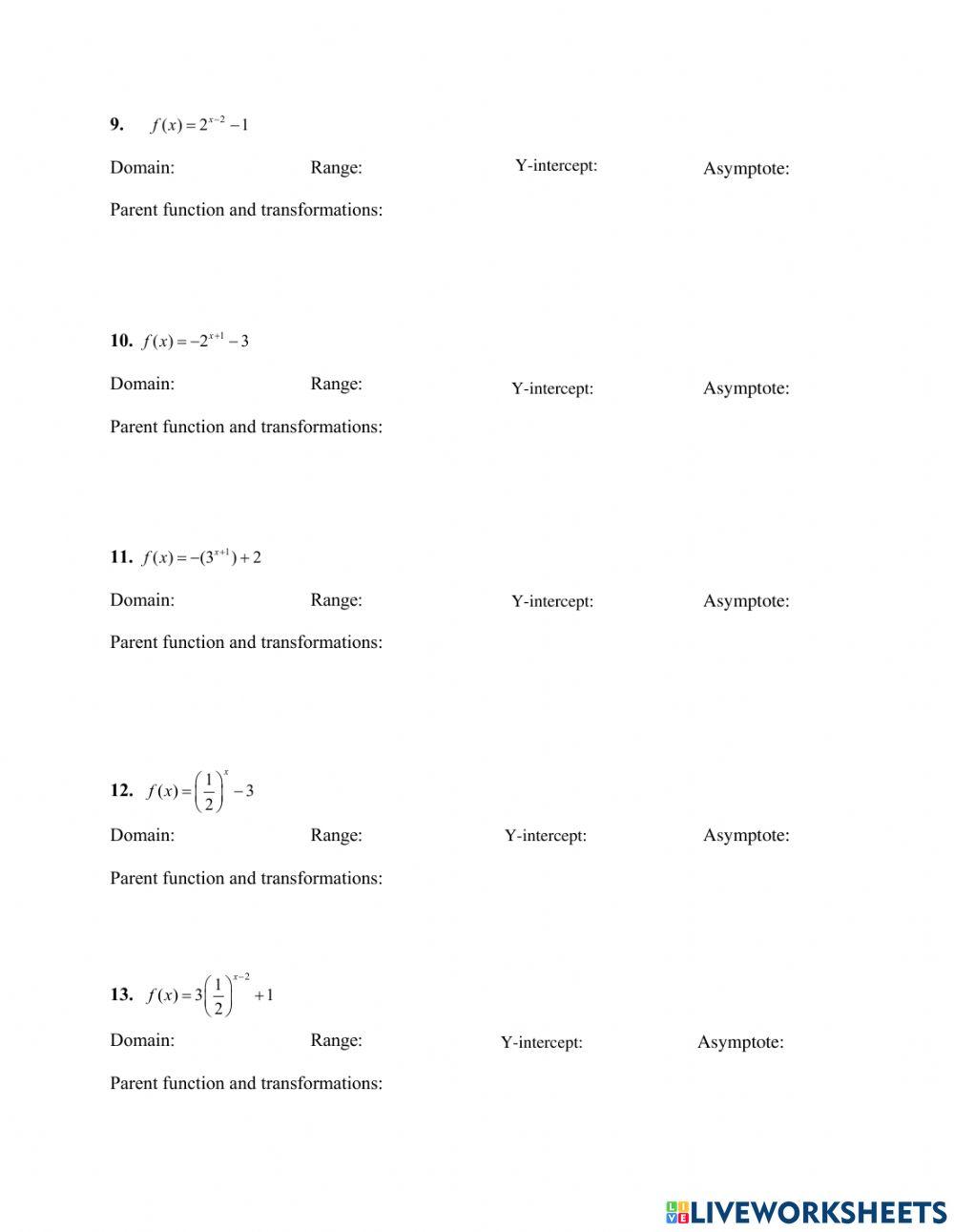 Exponential Function Transformations Worksheets Exponential Function Transformations Worksheets