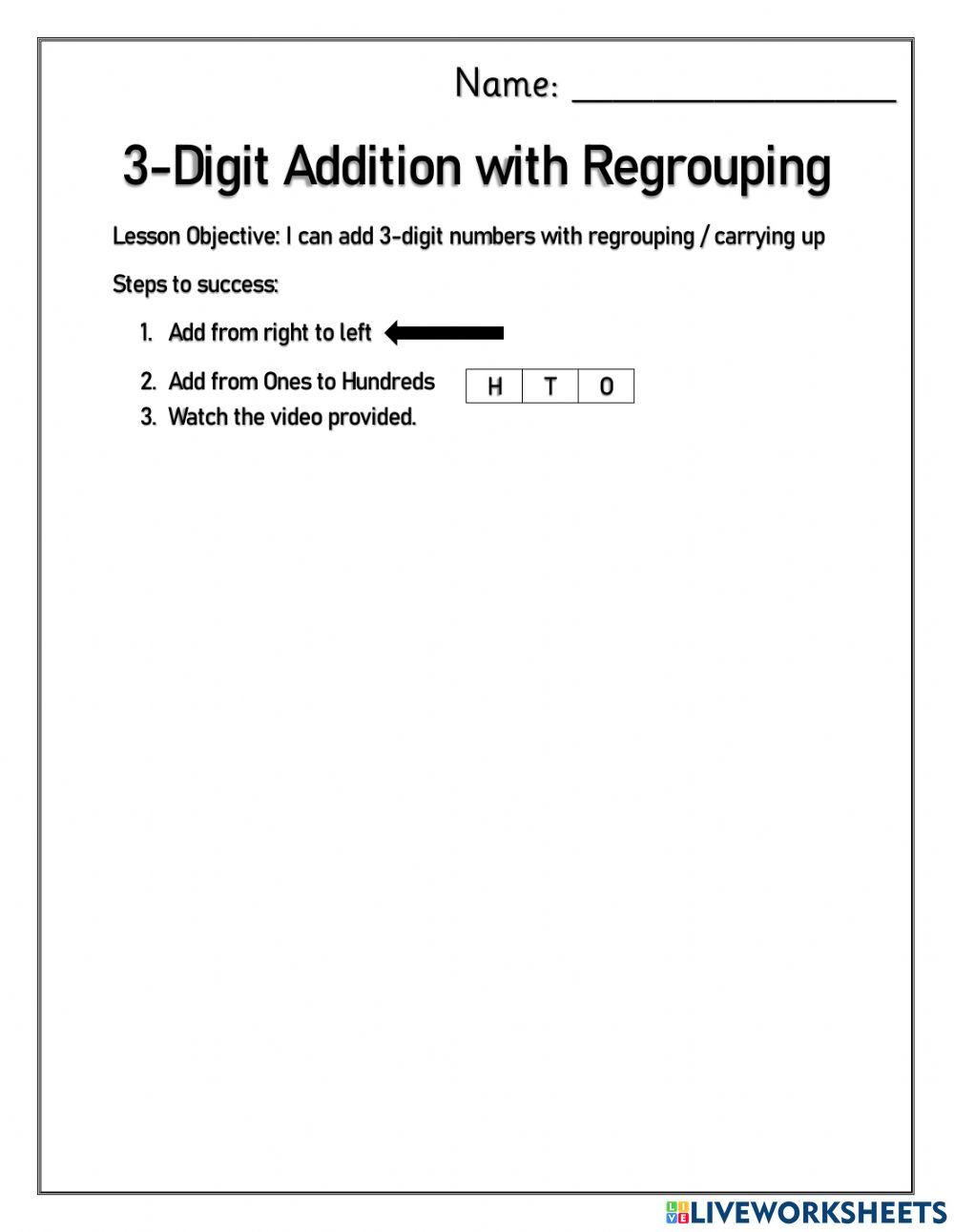 3 Digit Addition With Regrouping Activity Live Worksheets 3 Digit Addition With Regrouping Activity Live Worksheets