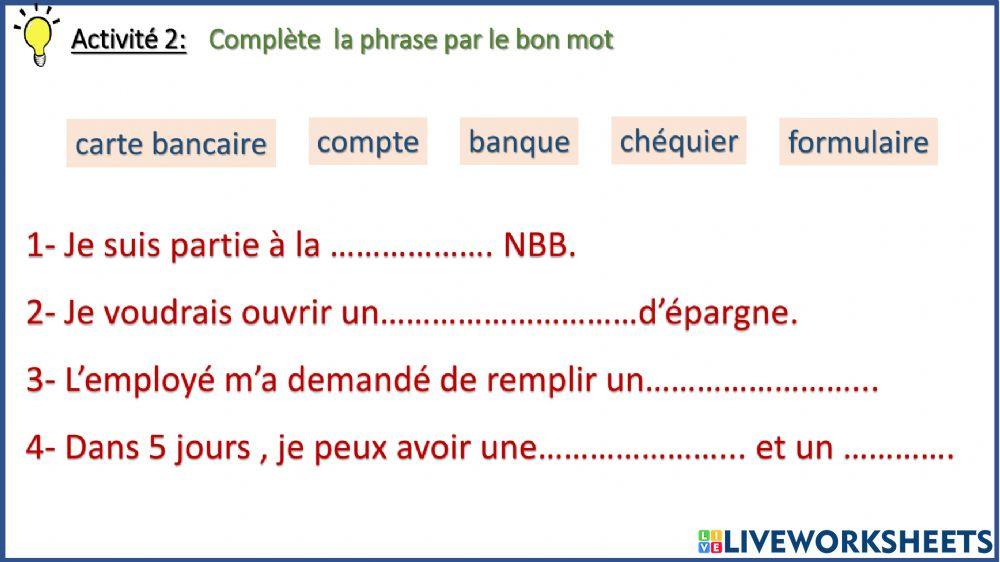 Dans une banque worksheet | Live Worksheets