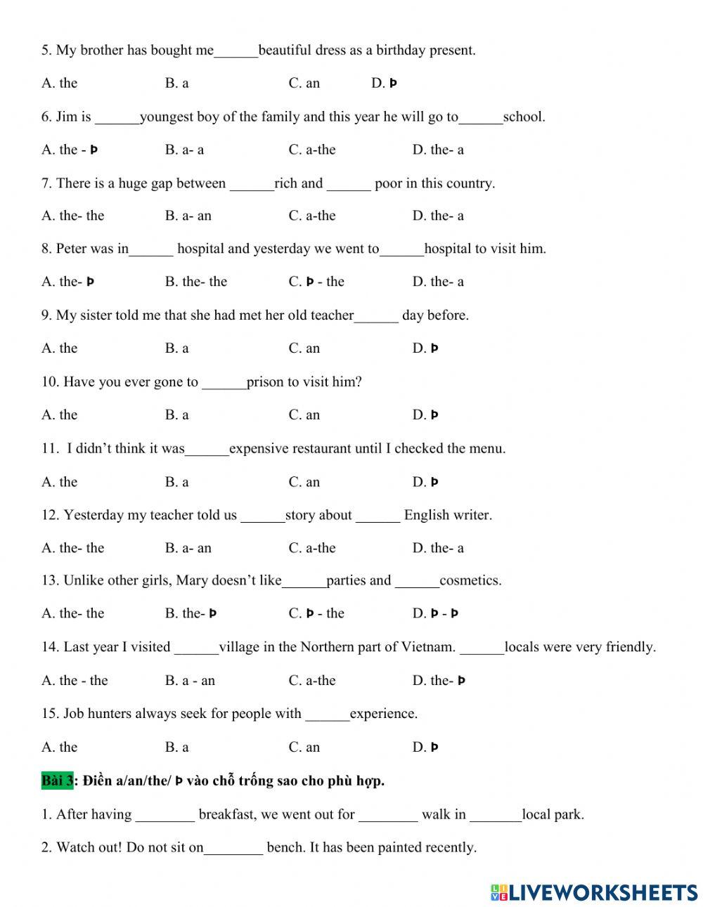 English 9 A, an, the worksheet | Live Worksheets