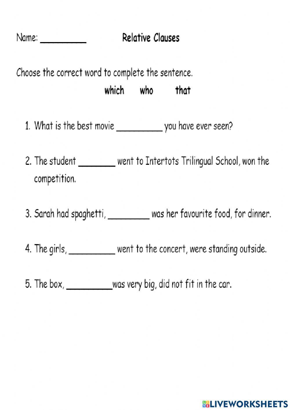 Relative Clauses | Free Interactive Worksheets | 1876307