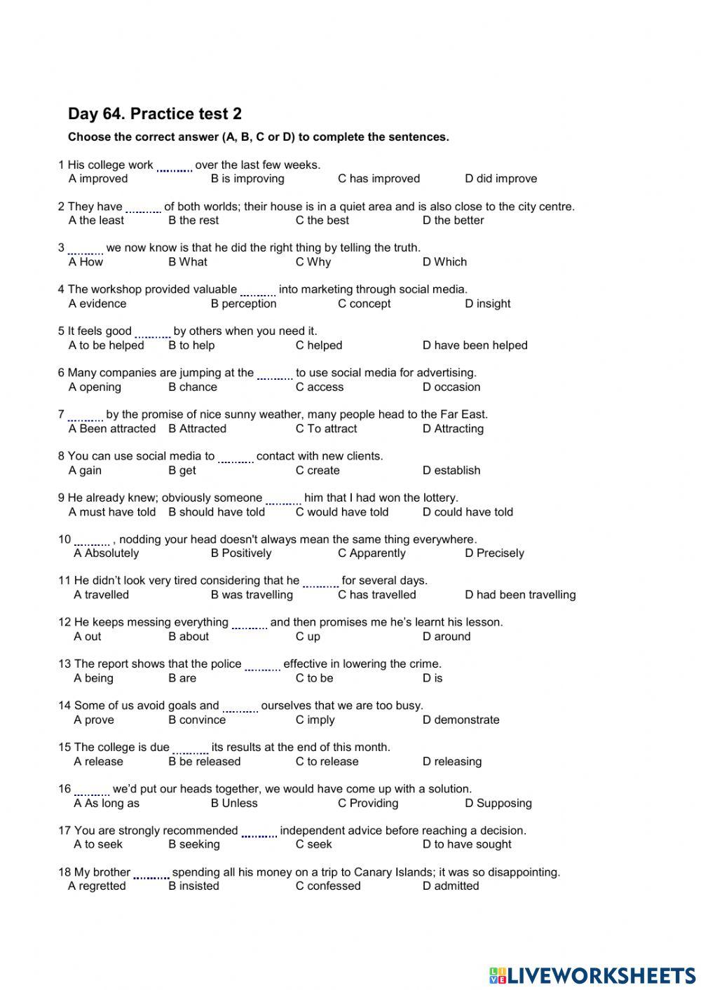 1876406 | Day 64 Practice test | Ha To | LiveWorksheets