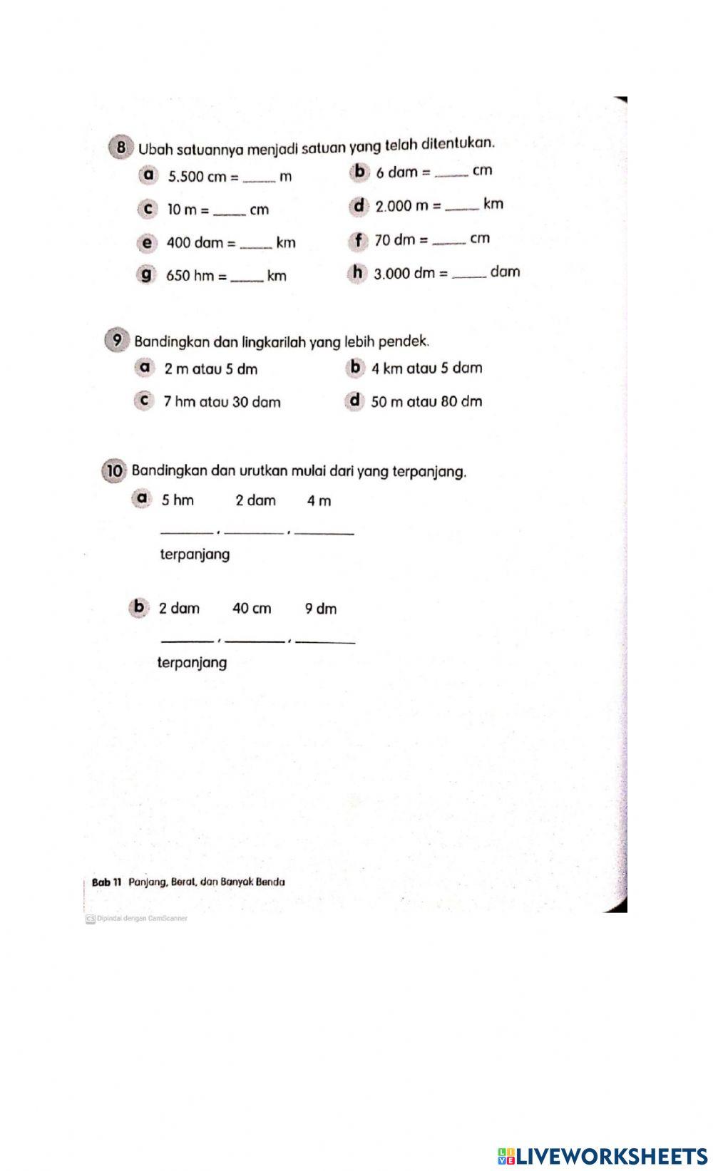 Satuan Panjang | Free Interactive Worksheets | 1876797