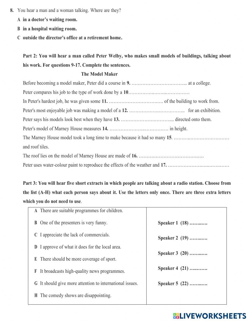 Nghe cơ bản 3 (Test 1)-SPA-K10 online exercise for | Live Worksheets