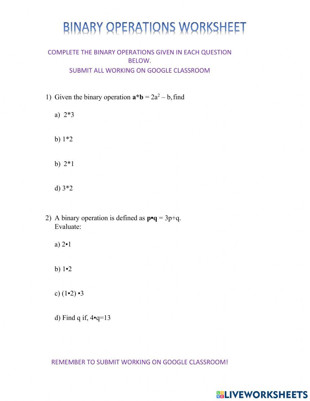 Binary Operatio… | Free Interactive Worksheets | 4114742