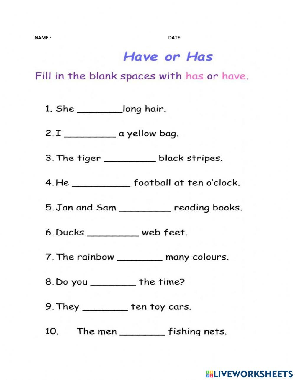 4278192 | HAVE HAS WORKSHEET | Malikah Mayo