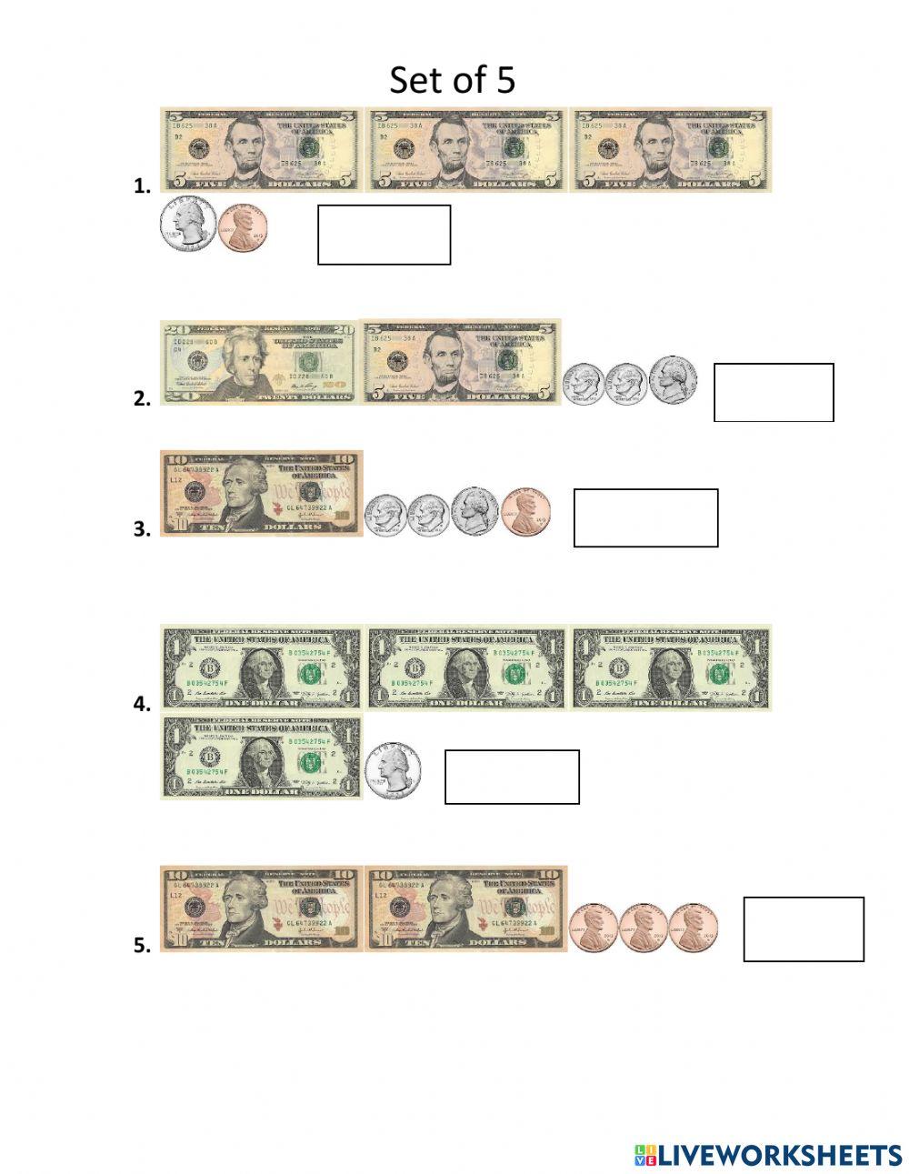 Counting Mix Money Set of 5 worksheet | Live Worksheets