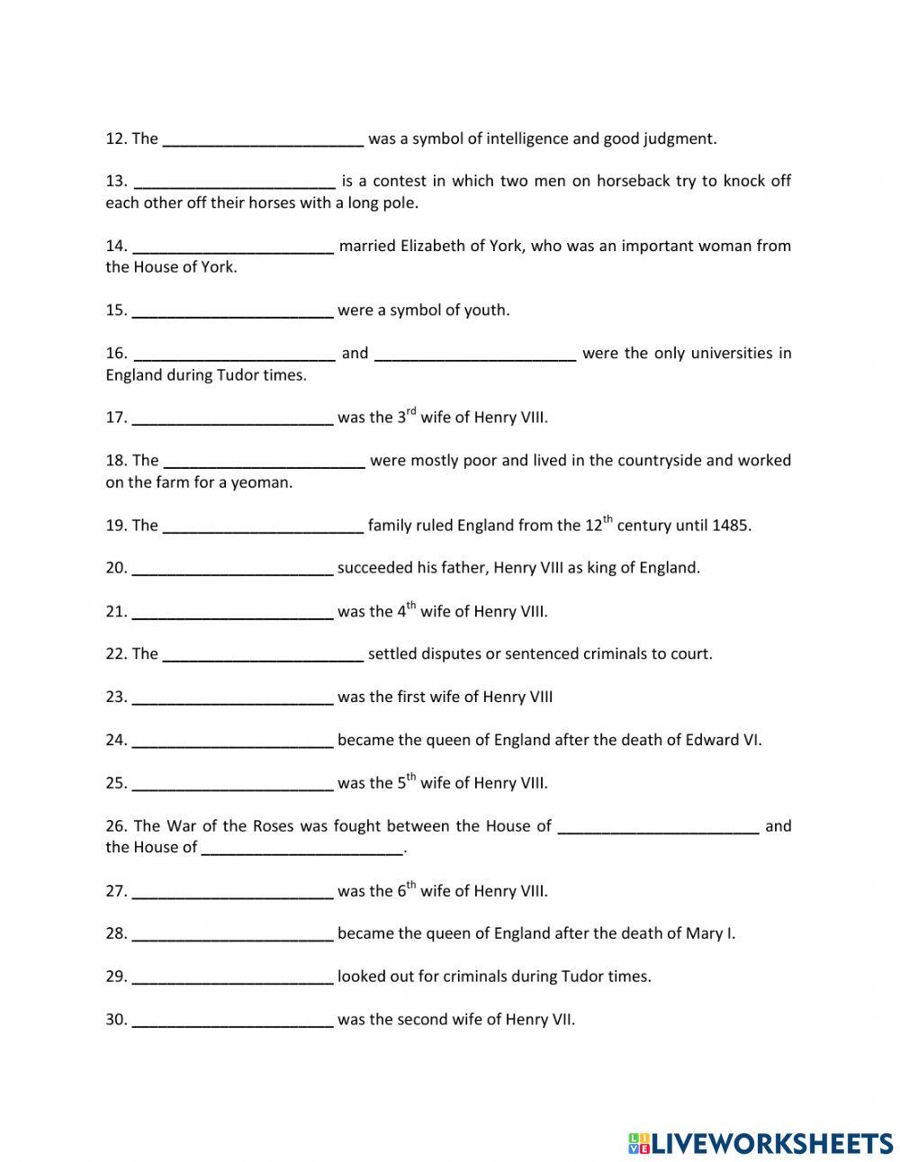 The Tudors | Free Interactive Worksheets | 1878547