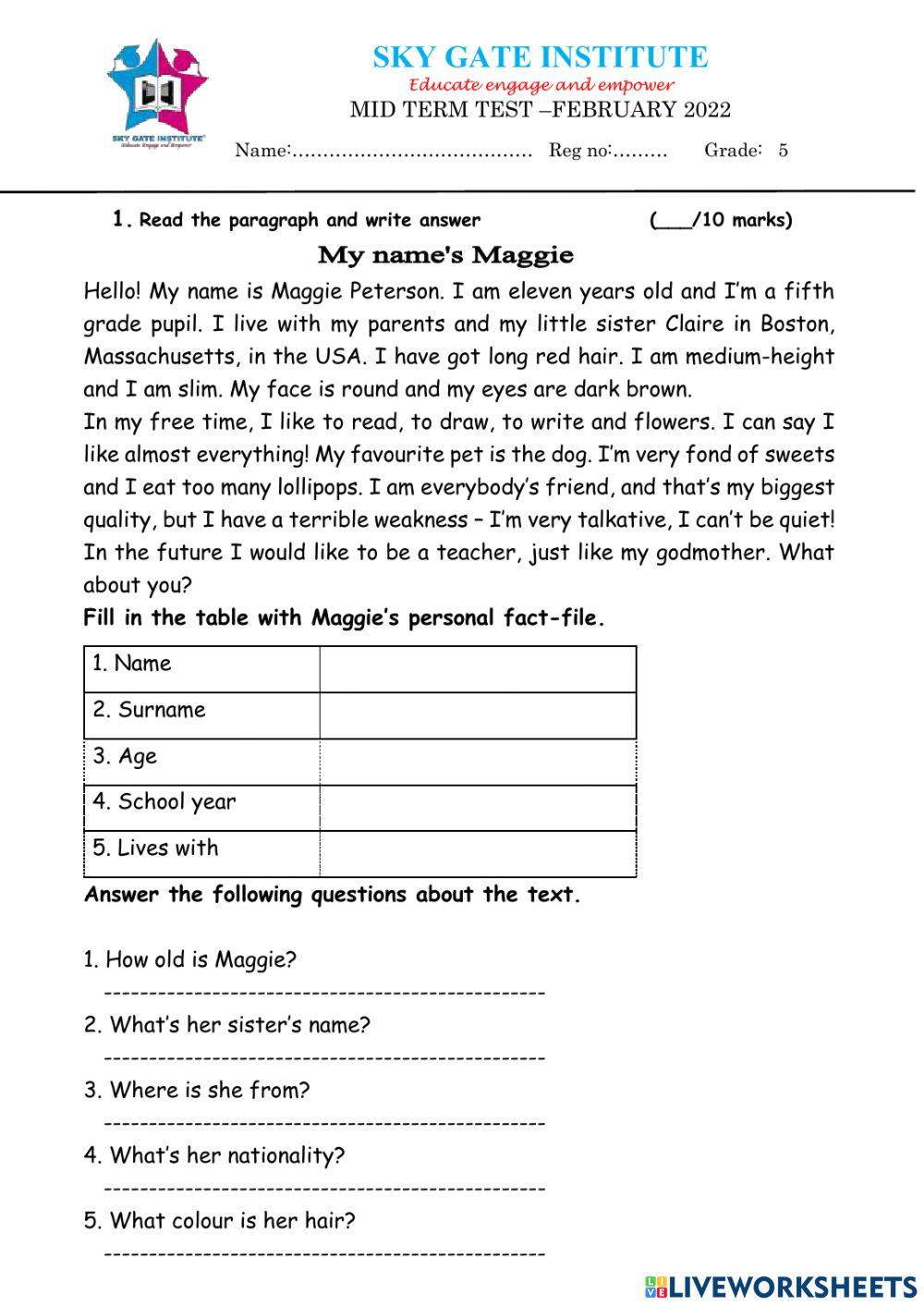 6835484 | Mid Term Test February - Grade 5 | Samitha