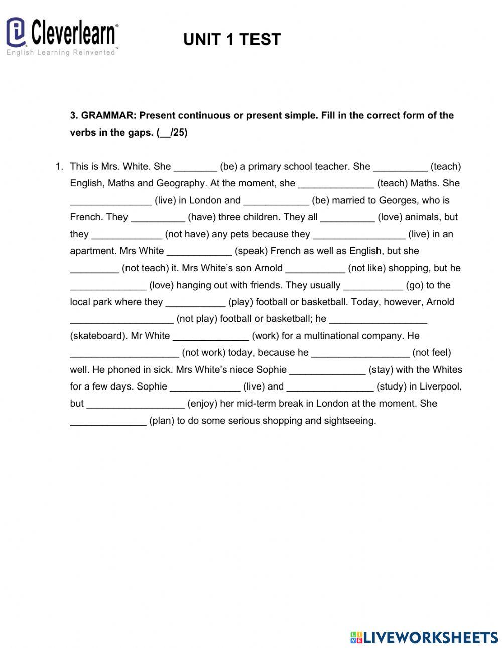 world english 2 - test unit 1 1731 | sscleverlearnlakhe