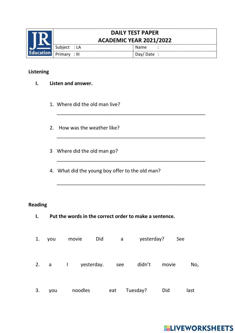 Daily test P3 CH4 worksheet | Live Worksheets