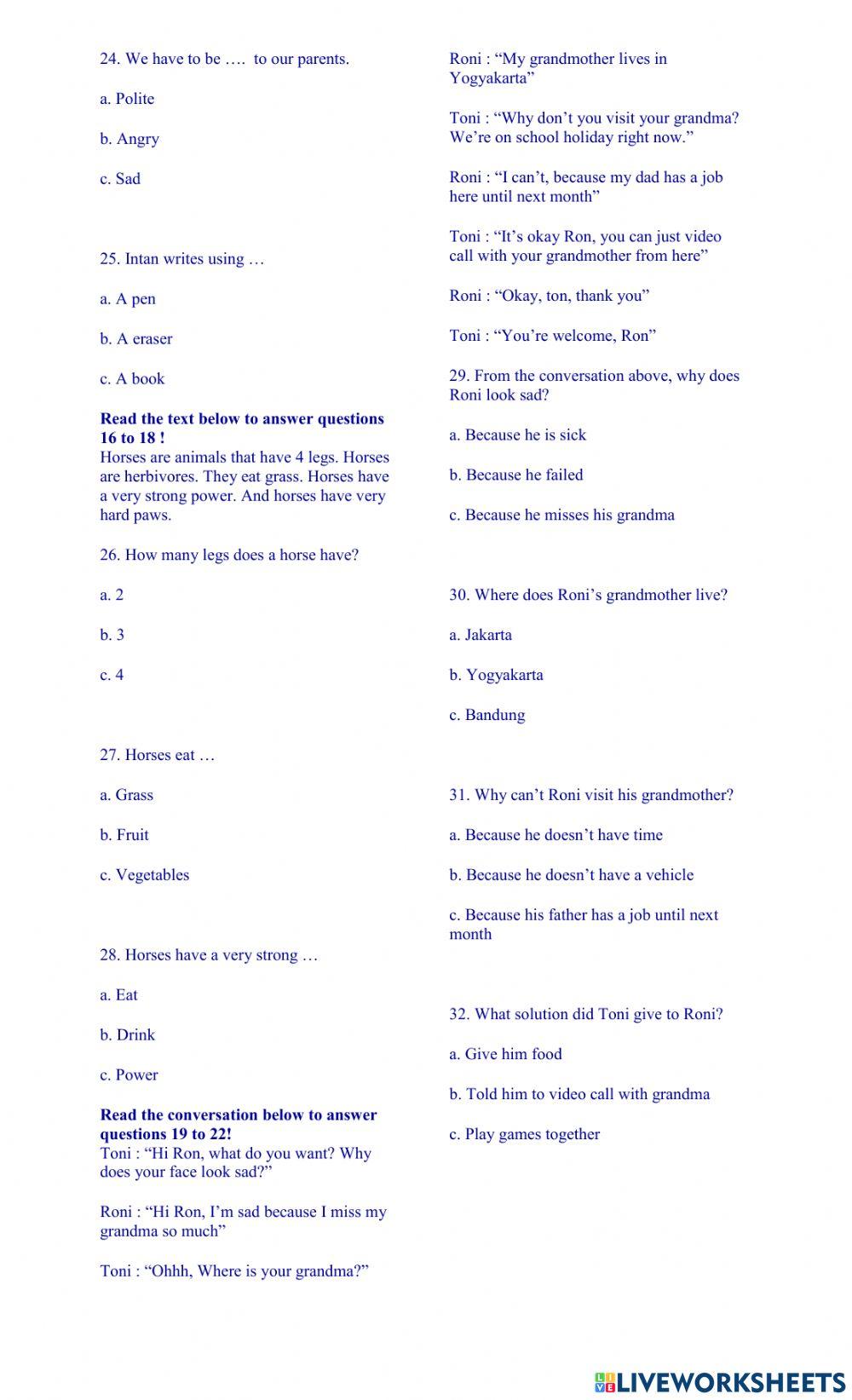 Latihan bahasa ingris galen kelas 1 sd worksheet | Live Worksheets