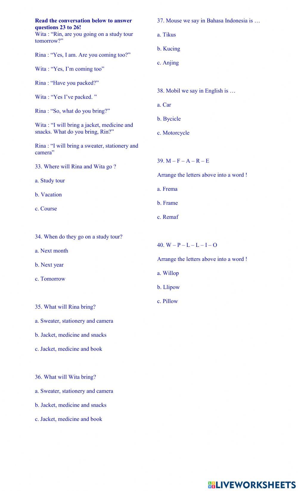 Latihan bahasa ingris galen kelas 1 sd worksheet | Live Worksheets