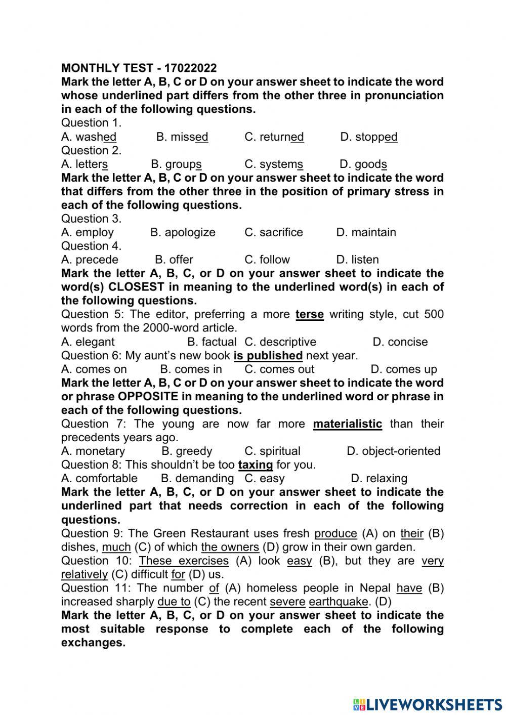 Monthly test online worksheet for 12 | Live Worksheets