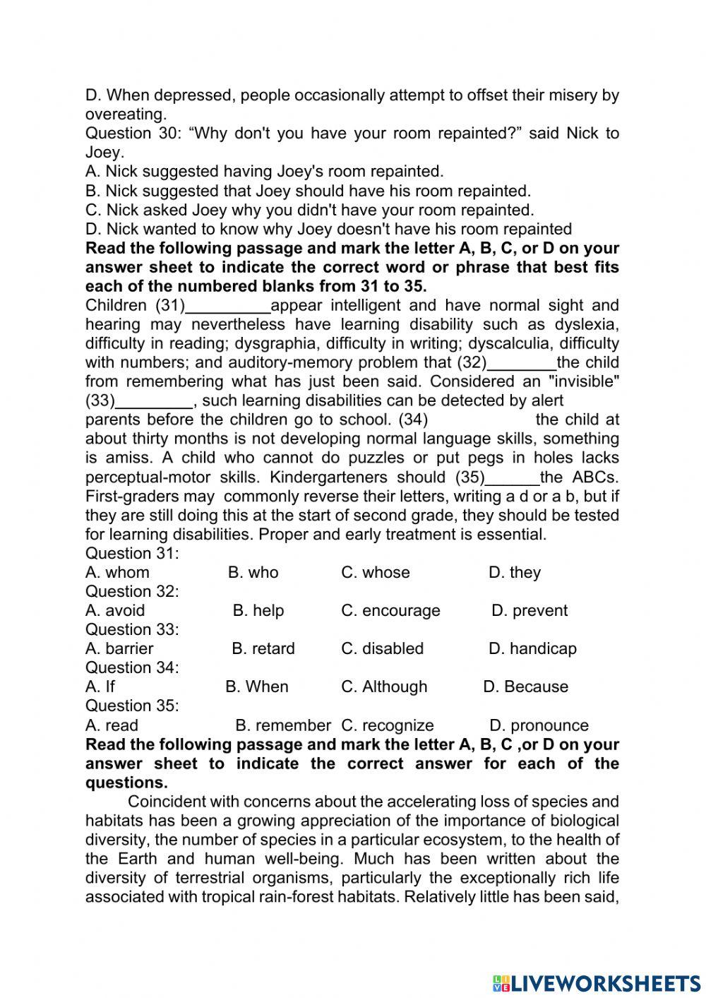 Monthly test online worksheet for 12 | Live Worksheets
