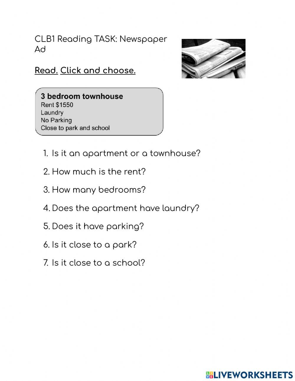 CLB 1 Reading A… | Free Interactive Worksheets | 1916153
