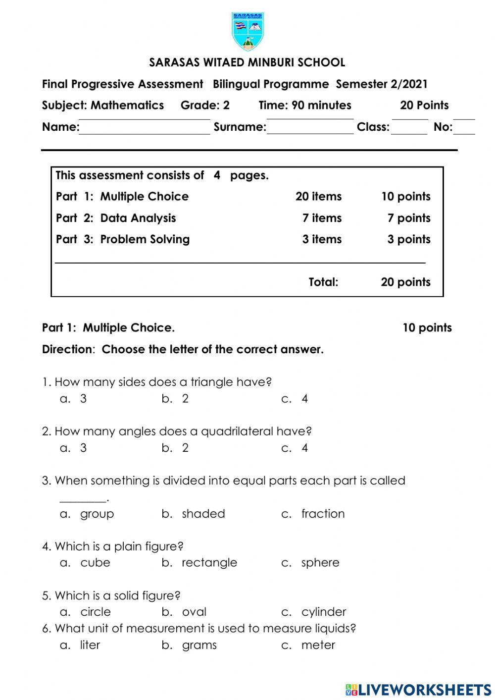 FINAL MATHEMATICS SEM 2 online exercise for | Live Worksheets