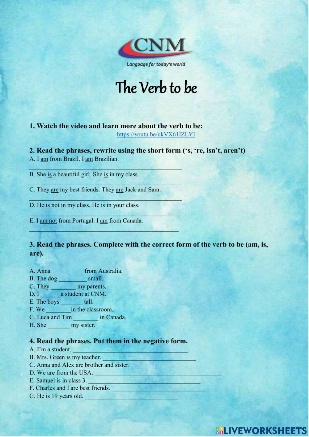 The verb to be online pdf exercise for Beginner | Live Worksheets