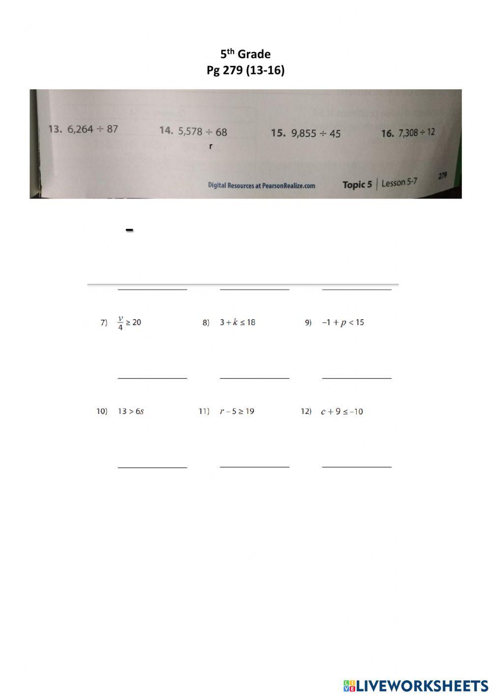 5th Pg 279 (13-16) worksheet | Live Worksheets