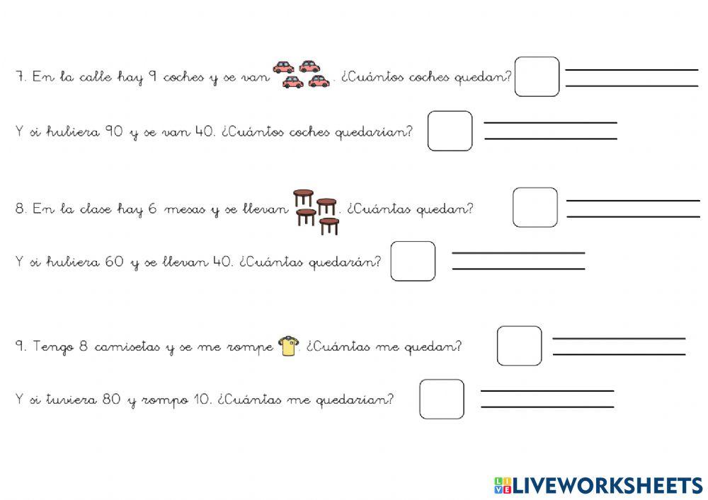 Resolución de problemas. Restas interactive worksheet | Live Worksheets