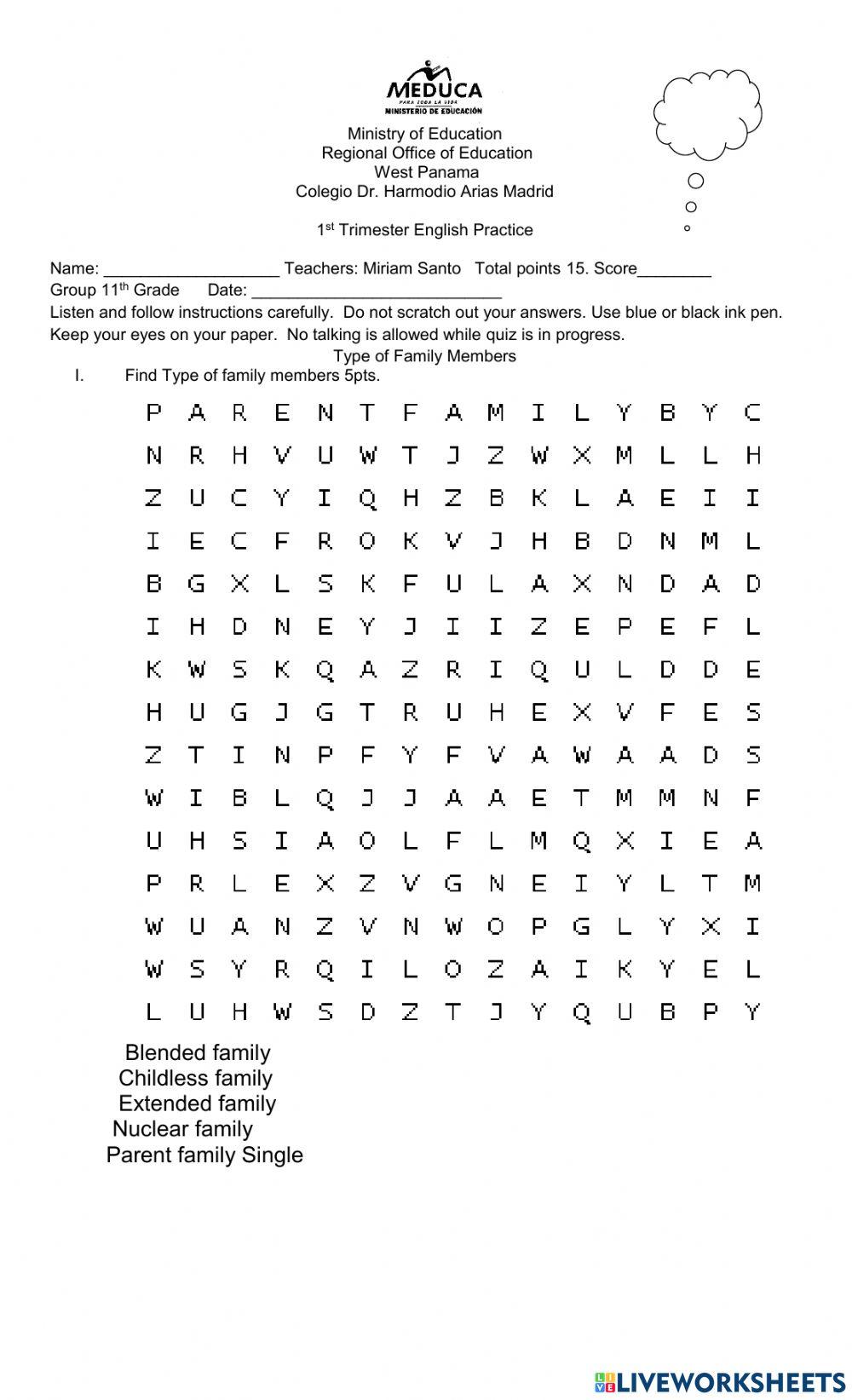 Type of family worksheet | Live Worksheets