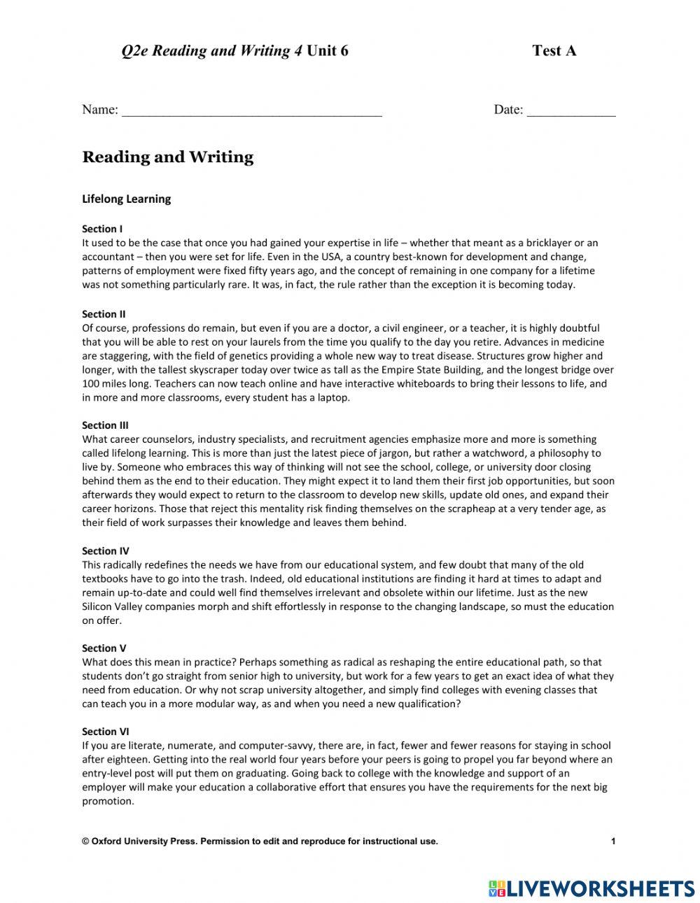 lvl 4 Unit 6 test A online exercise for | Live Worksheets