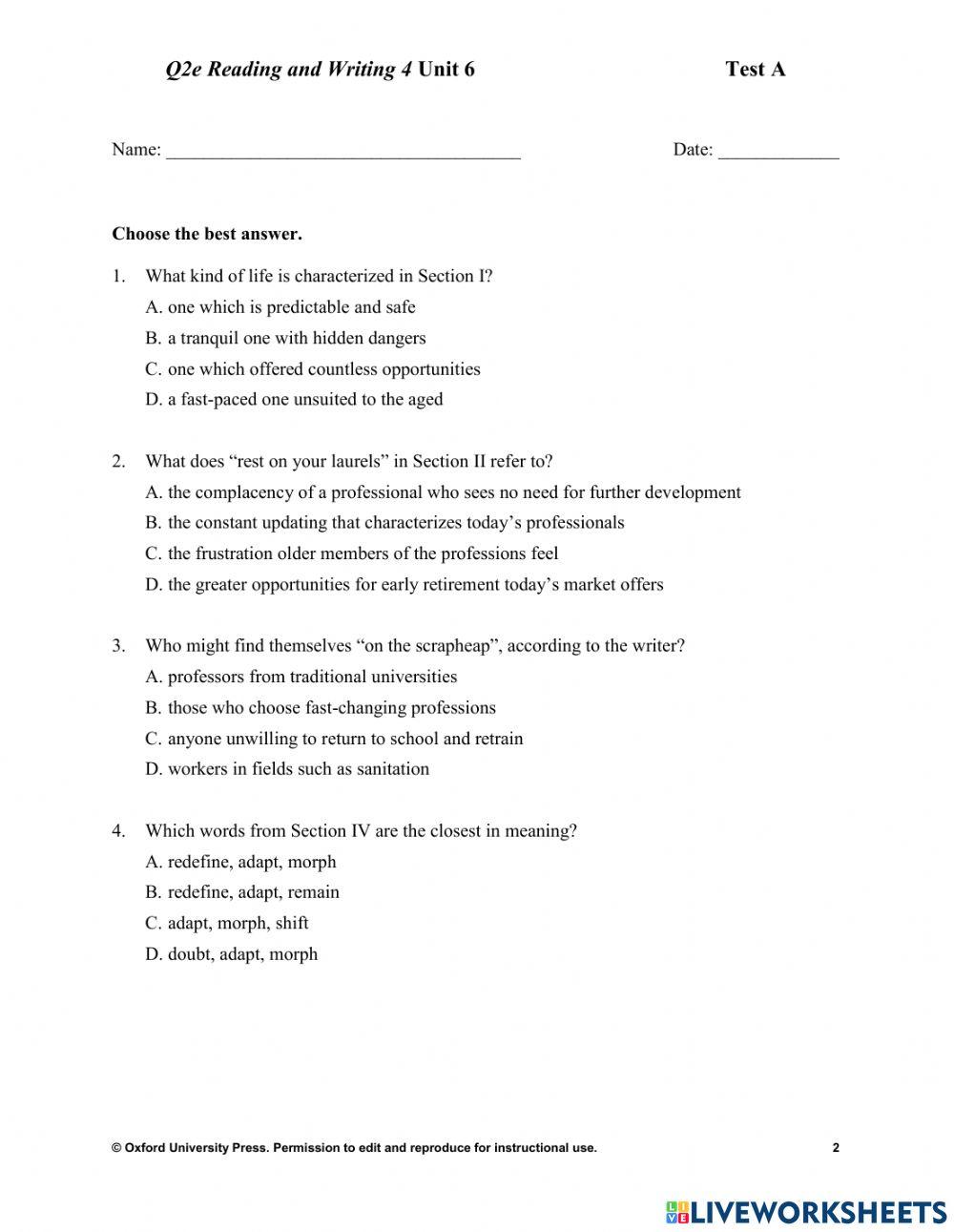 lvl 4 Unit 6 test A online exercise for | Live Worksheets