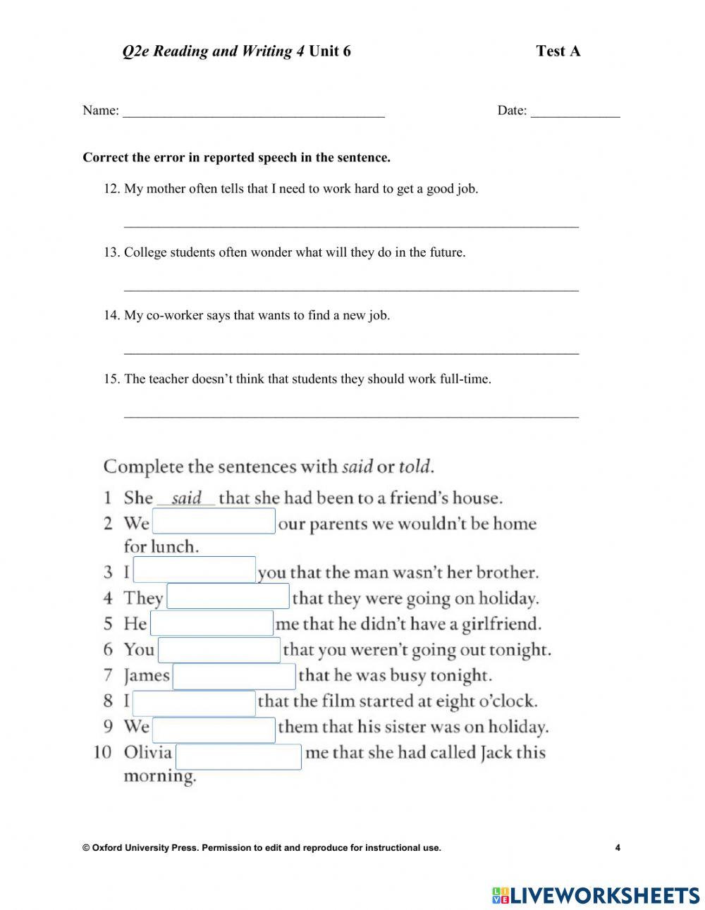 lvl 4 Unit 6 test A online exercise for | Live Worksheets