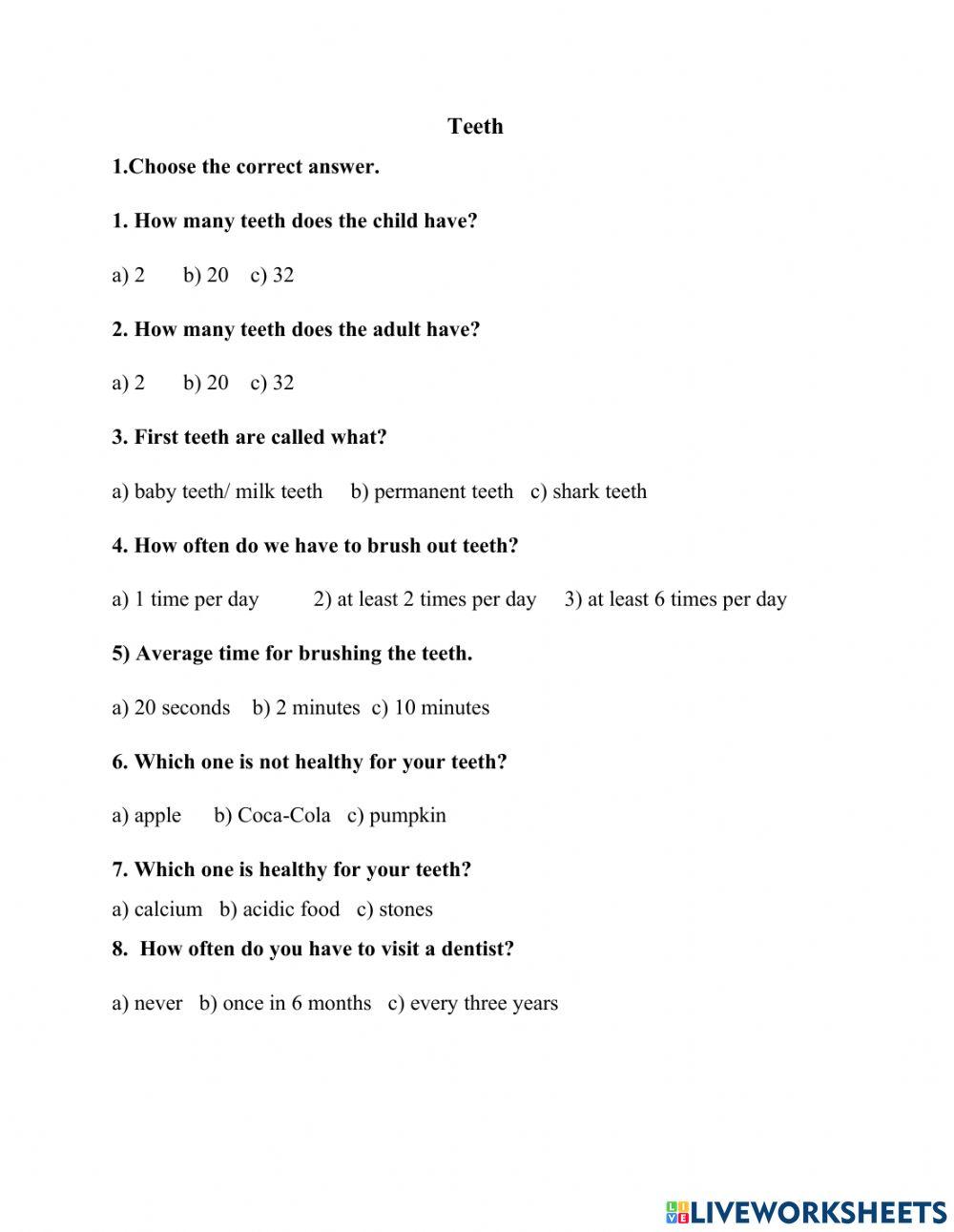 P3 Health test Teeth online exercise for | Live Worksheets