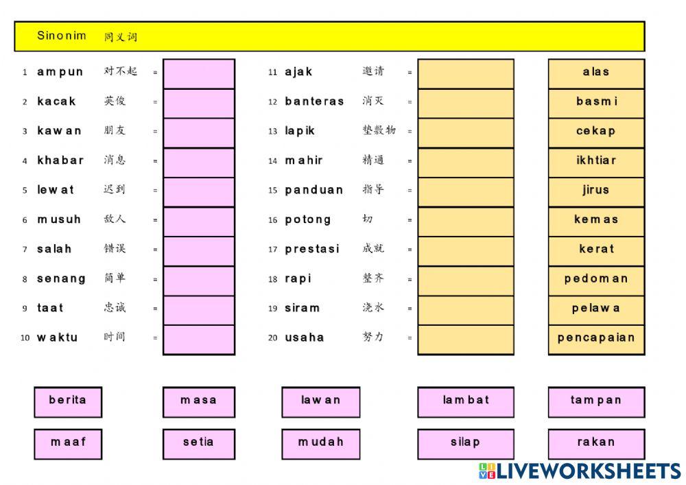 Sinonim Bahasa Melayu 4 worksheet | Live Worksheets