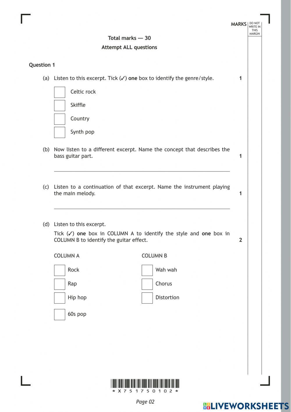 2017 Nat 5 Music Tech Paper worksheet | Live Worksheets