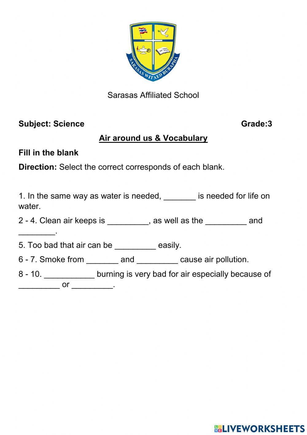 Unit 6 Air around us & vocabulary worksheet 1