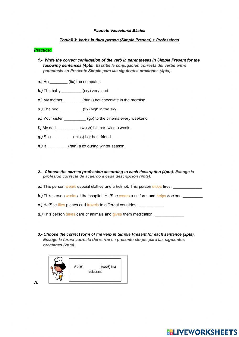 Topic 3: Simple present and professions vocabulary worksheet | Live ...