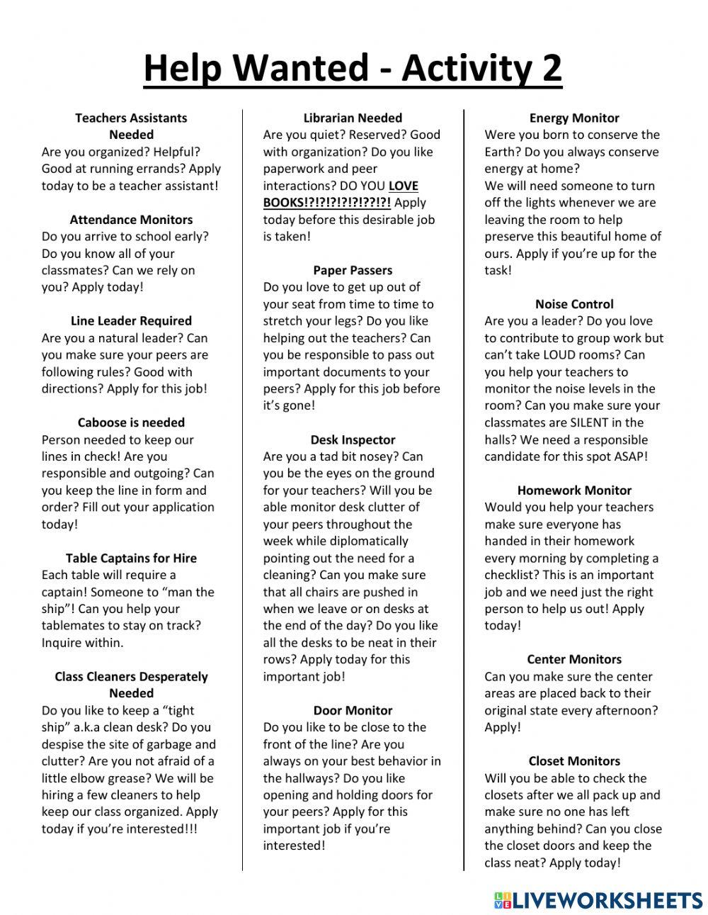 Help wanted - w… | Free Interactive Worksheets | 1883429