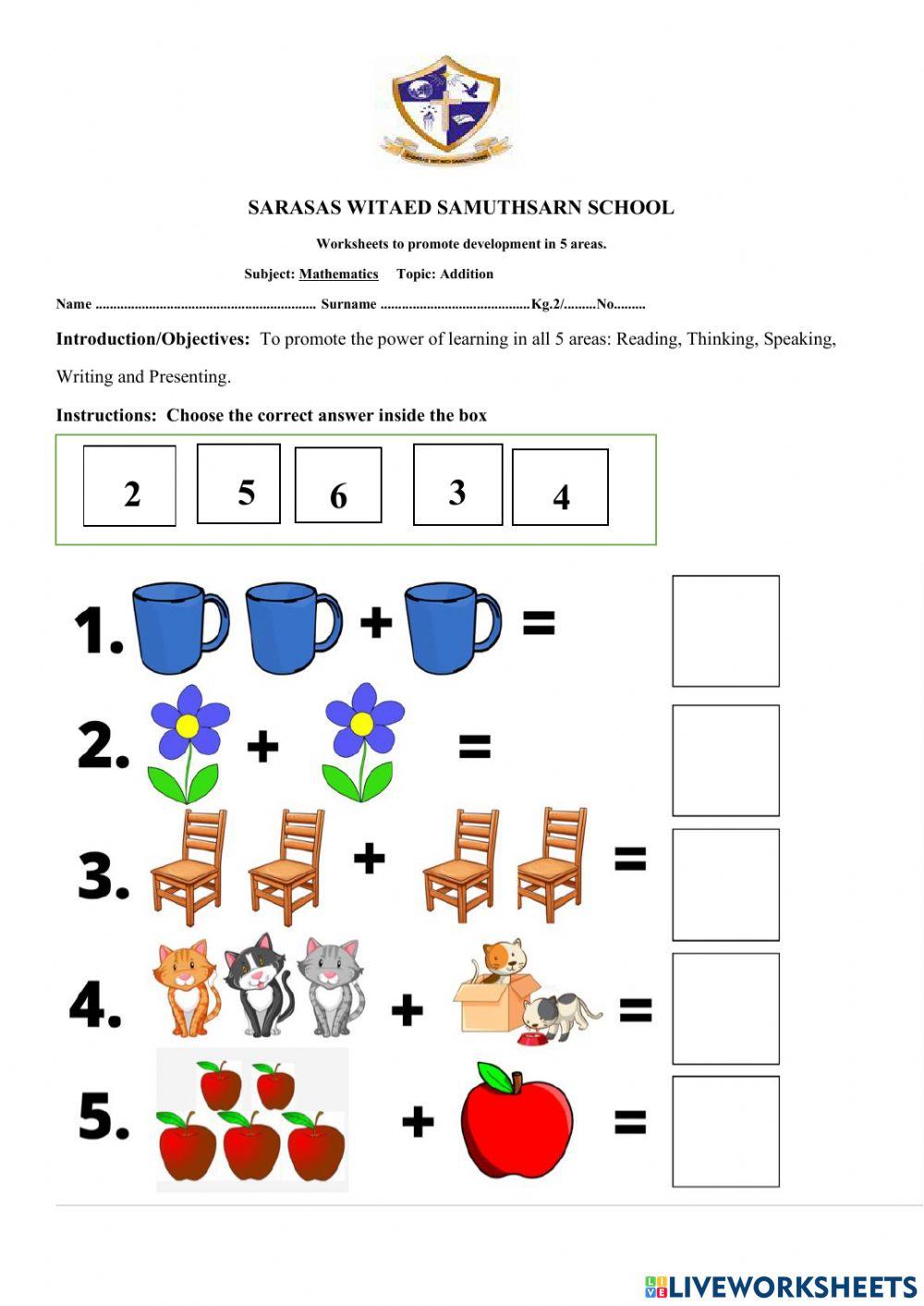 Addition online exercise for kinder 2 | Live Worksheets