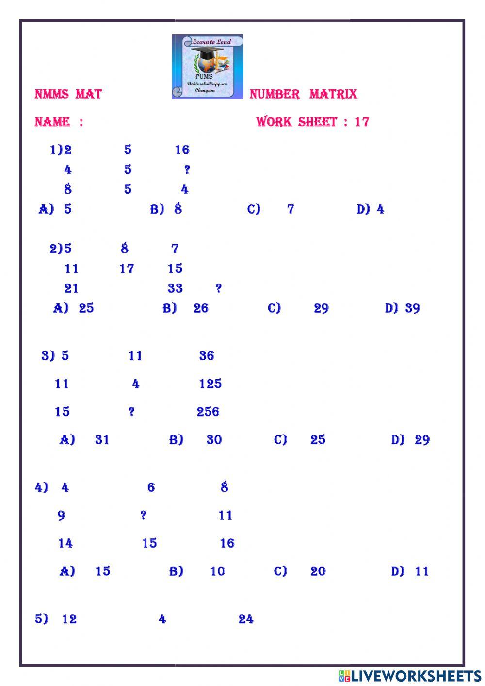 Nmms mat | Free Interactive Worksheets | 1884606