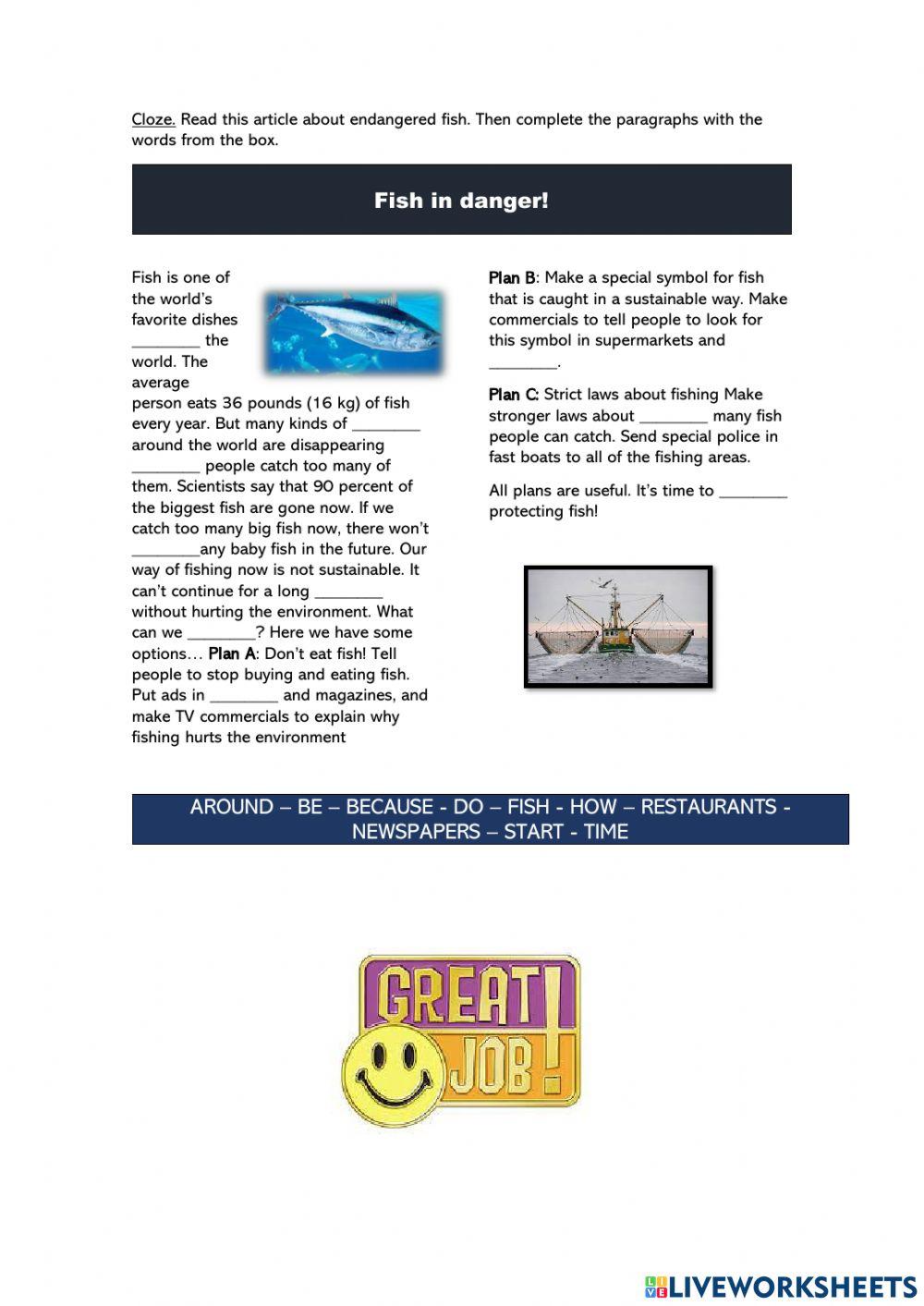 Cloze - Fish in danger worksheet | Live Worksheets