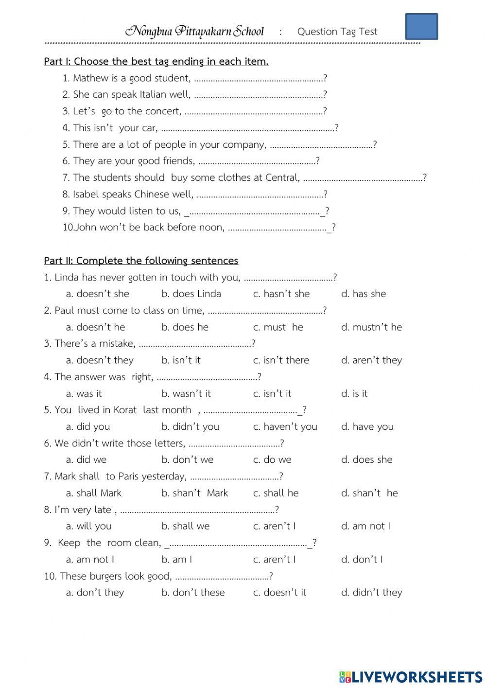 Question tag online exercise for | Live Worksheets
