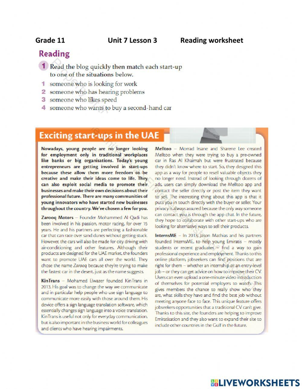 Reading Comprehension online exercise for 11 | Live Worksheets